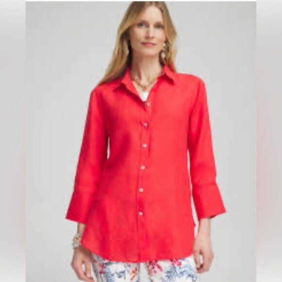 Chico's | Tops | Chicos Linen Shirt L Red Button Down Lightweight ...